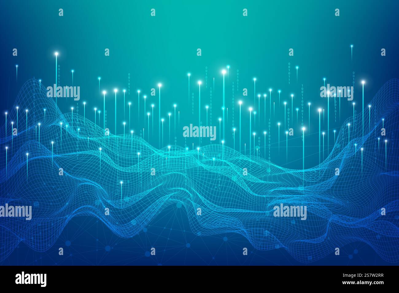 Flowing digital waves with vertical glowing points, representing data ...