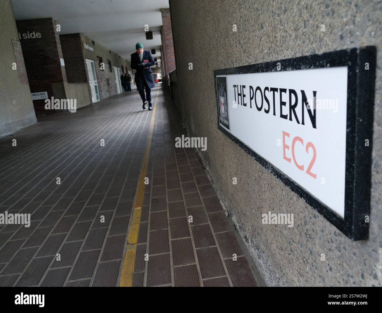 The Postern Highwalk elevated pedestrian walkway in the Barbican Estate ...