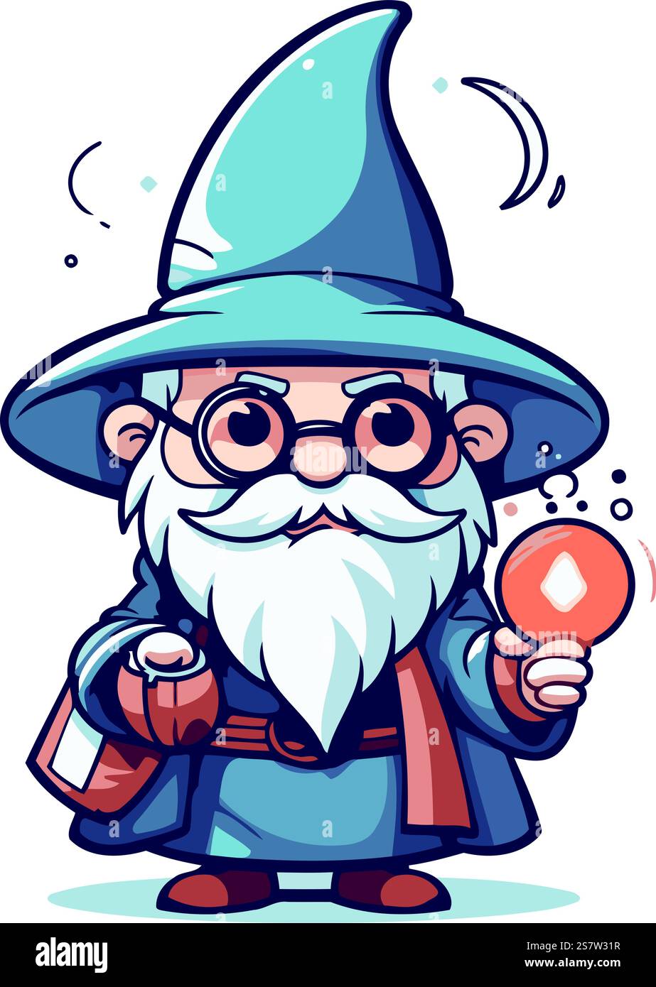 Cute cartoon wizard with magic wand and book. Vector illustration Stock ...