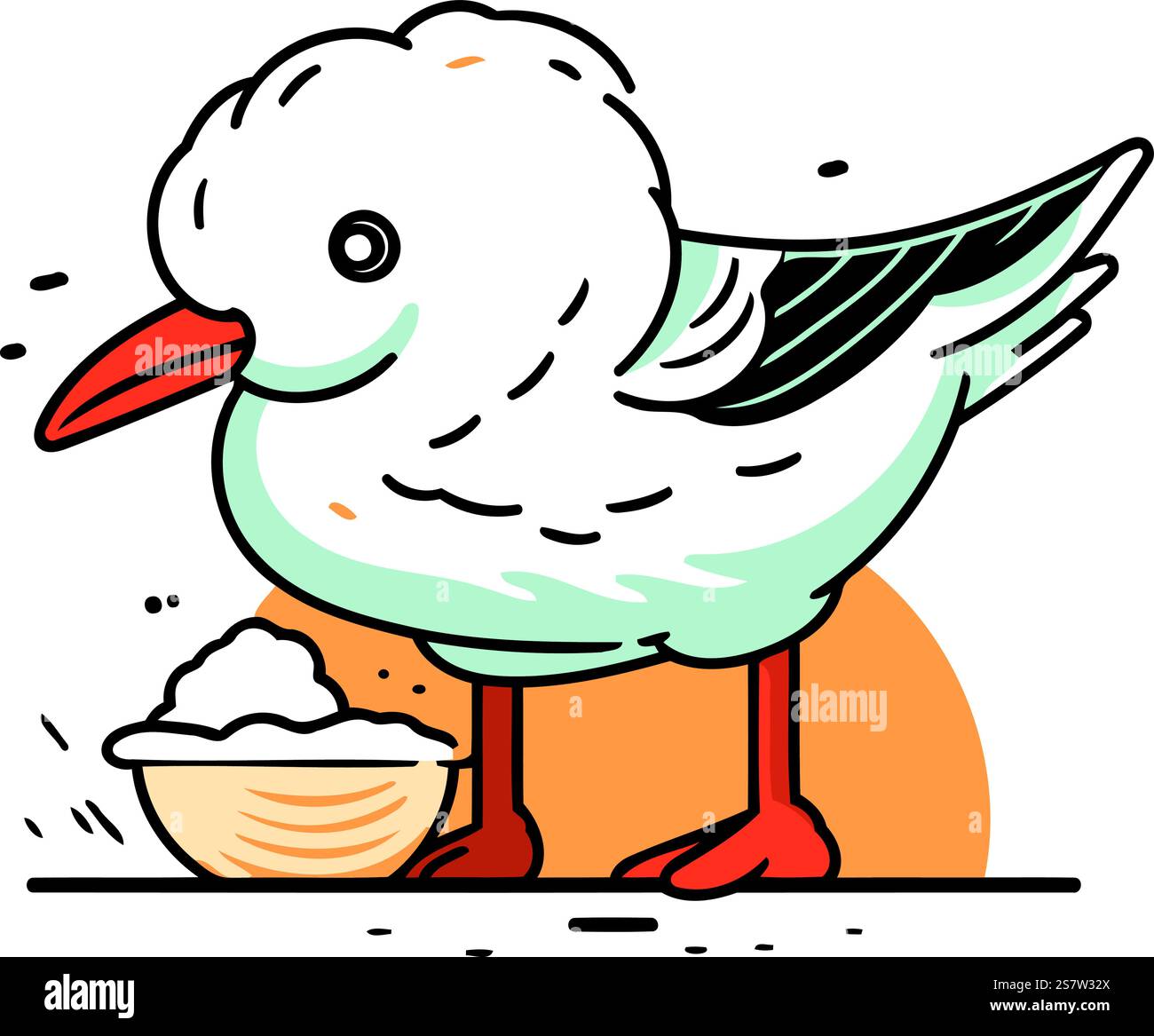 Vector illustration of a cute seagull eating a bowl of rice Stock ...