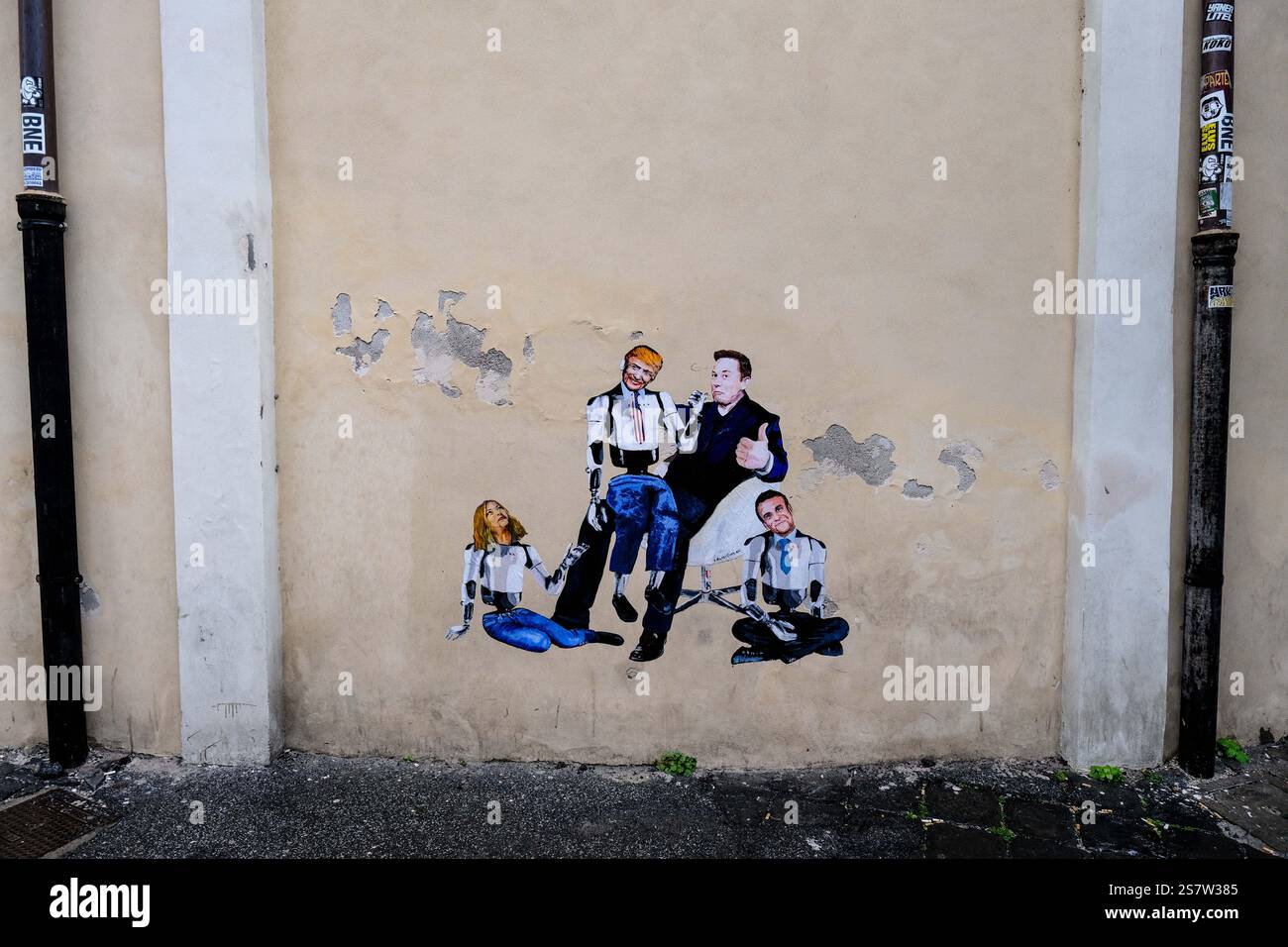 Un murale di Harry Grab dal titolo ‘Optimus e ventriloquo’ che ritrae Donald Trump, Elon Musk ...