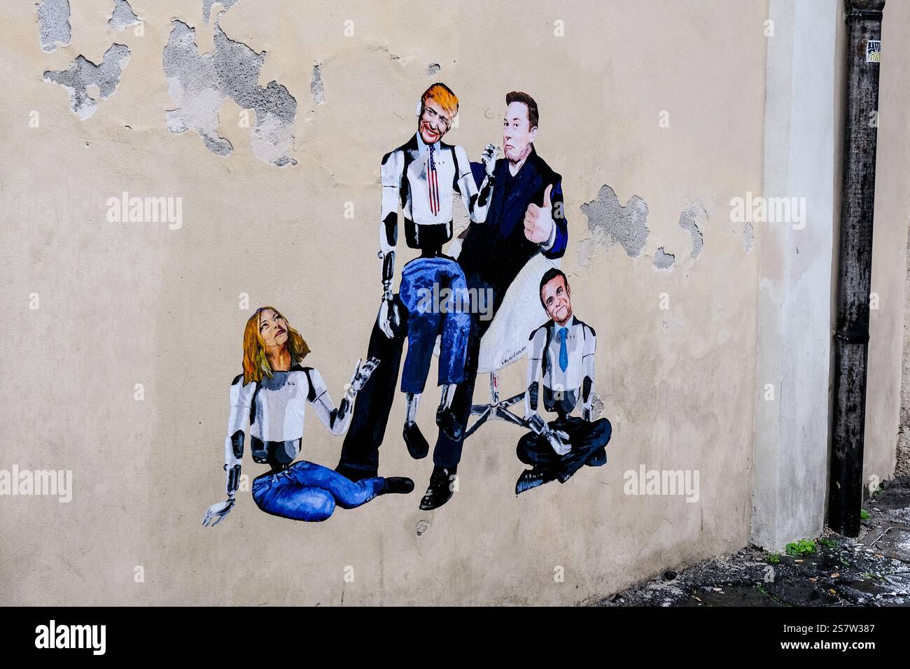 Un murale di Harry Grab dal titolo ‘Optimus e ventriloquo’ che ritrae Donald Trump, Elon Musk ...