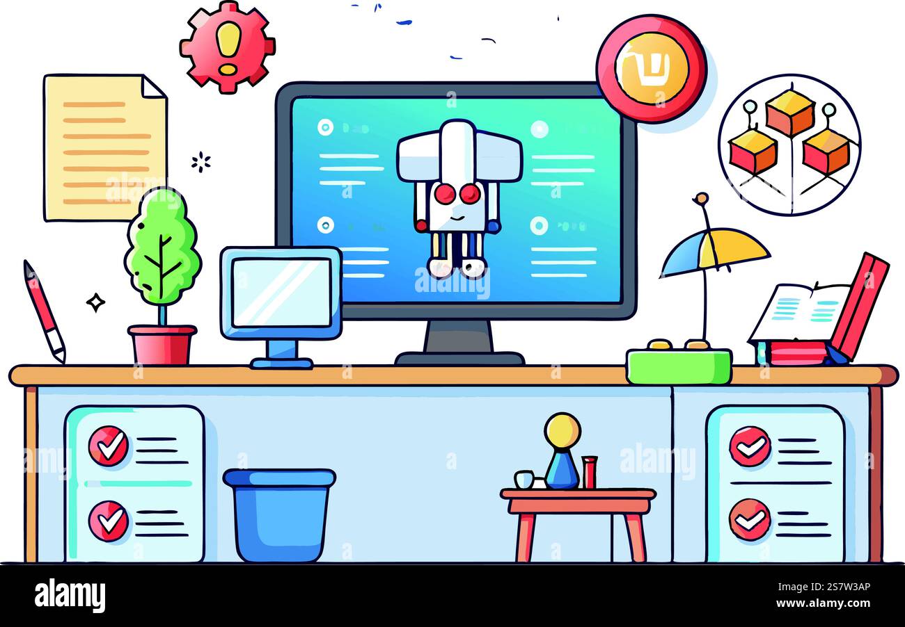 Illustration of a teachers desk featuring digital lesson planning tools ...