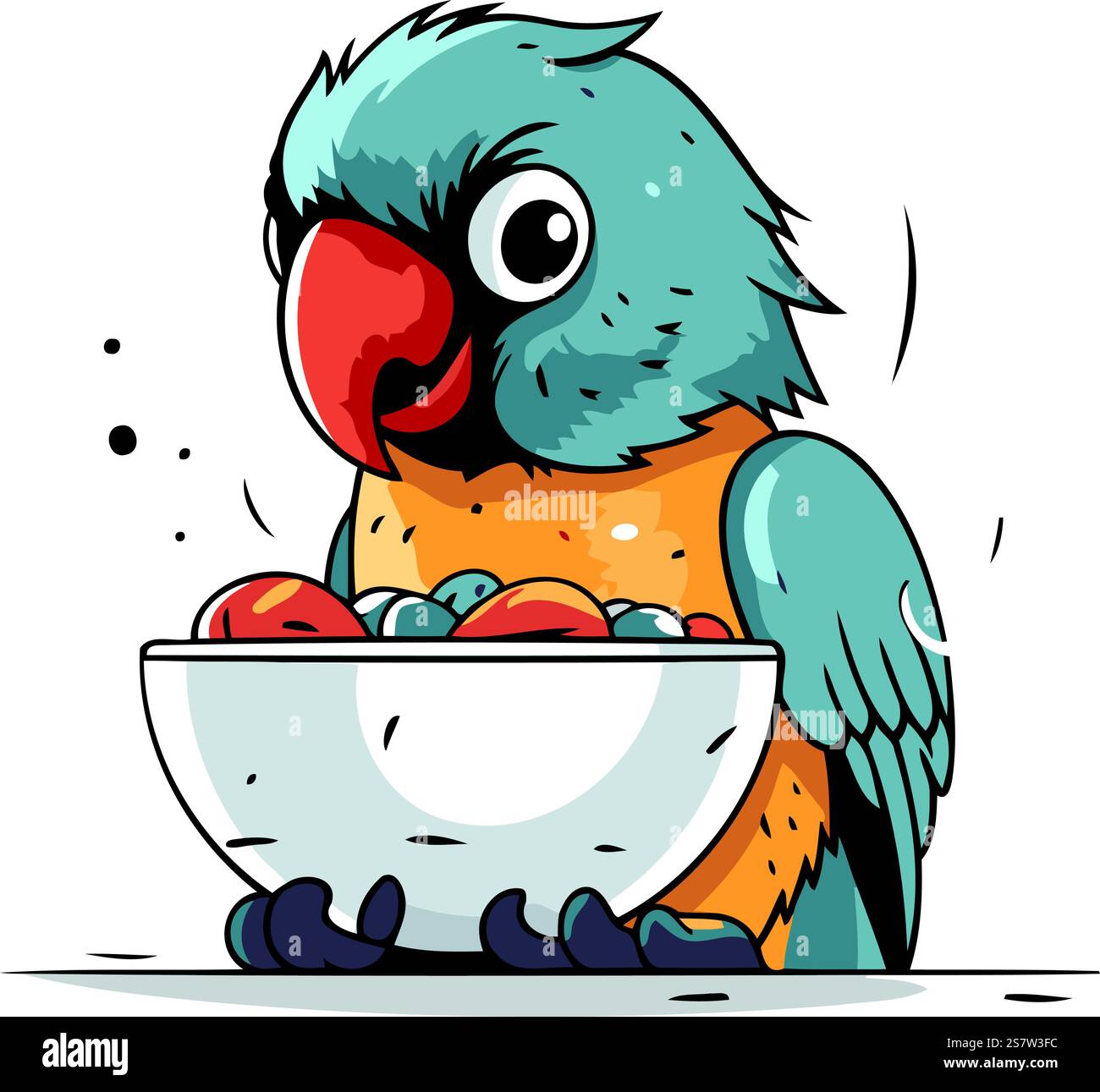 Cute parrot with bowl of food. Vector cartoon illustration Stock Vector ...
