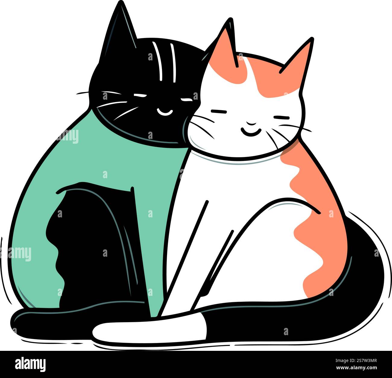 Vector illustration of two black and white cats sitting on the floor ...