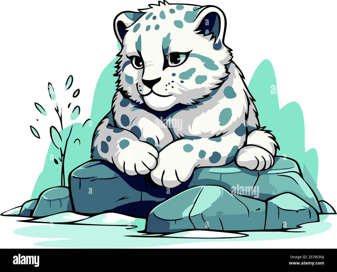 Cute cartoon snow leopard sitting on rock. Vector illustration Stock ...