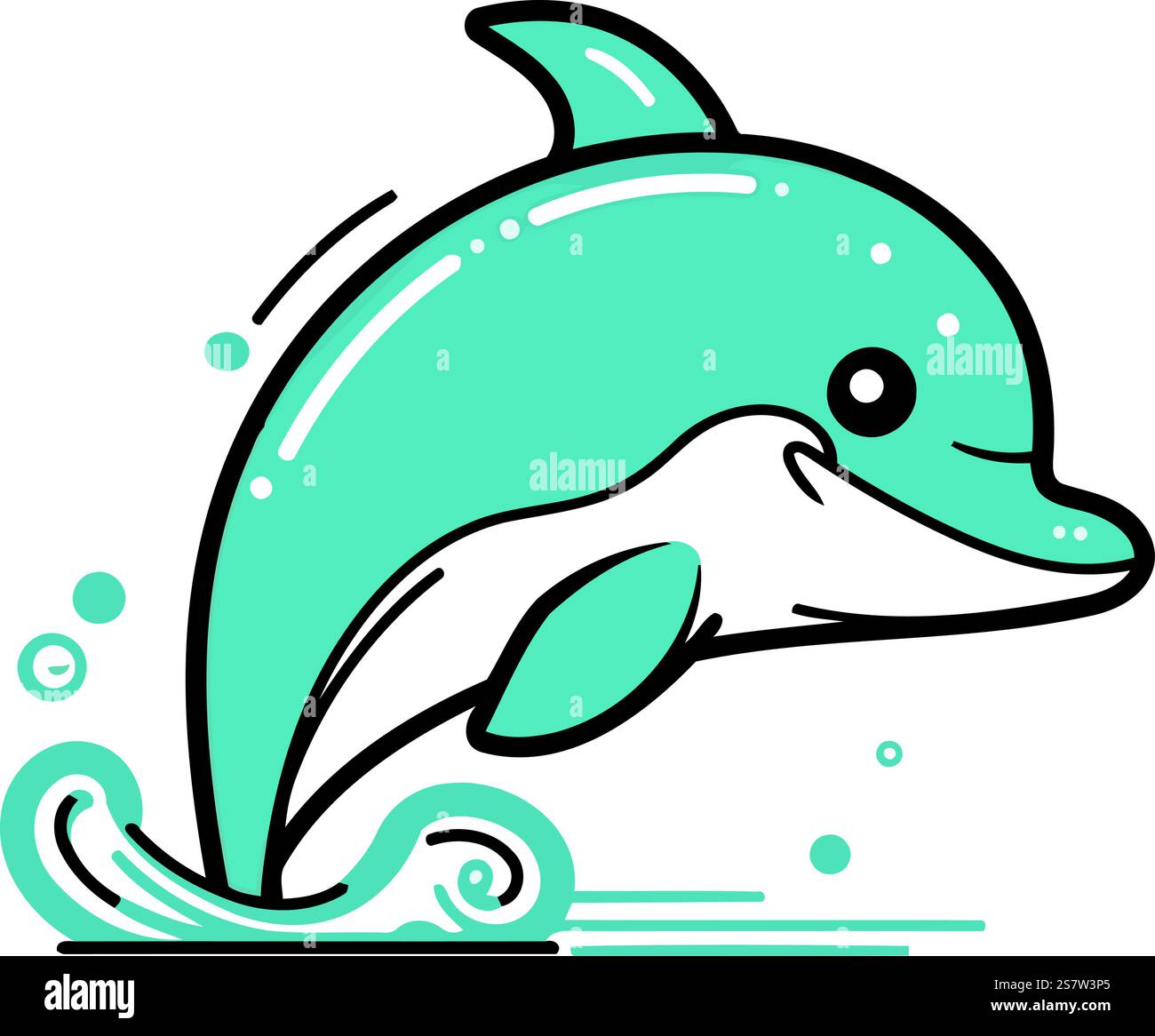 Vector illustration of cute dolphin isolated on white background. Line ...