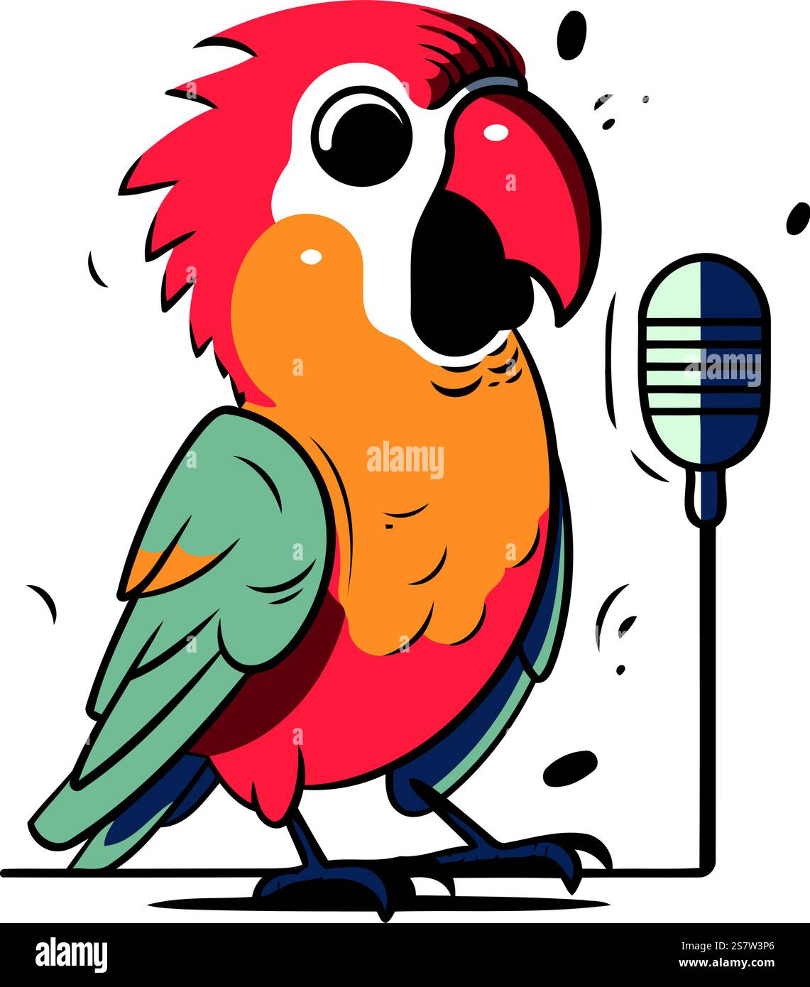 Vector illustration of a cute parrot singing a song with a microphone ...