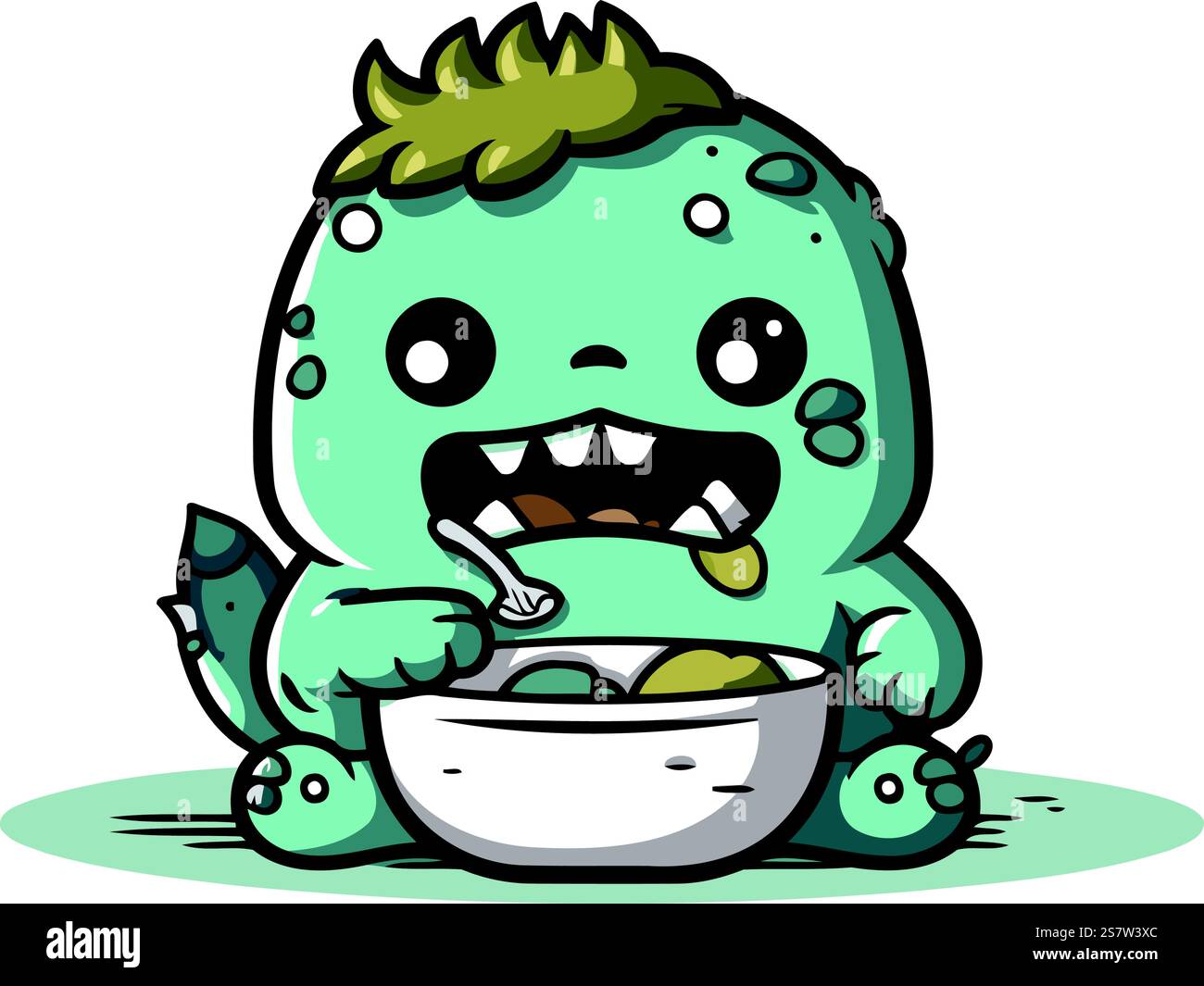 Funny cartoon monster eating a bowl of food. Vector illustration Stock ...