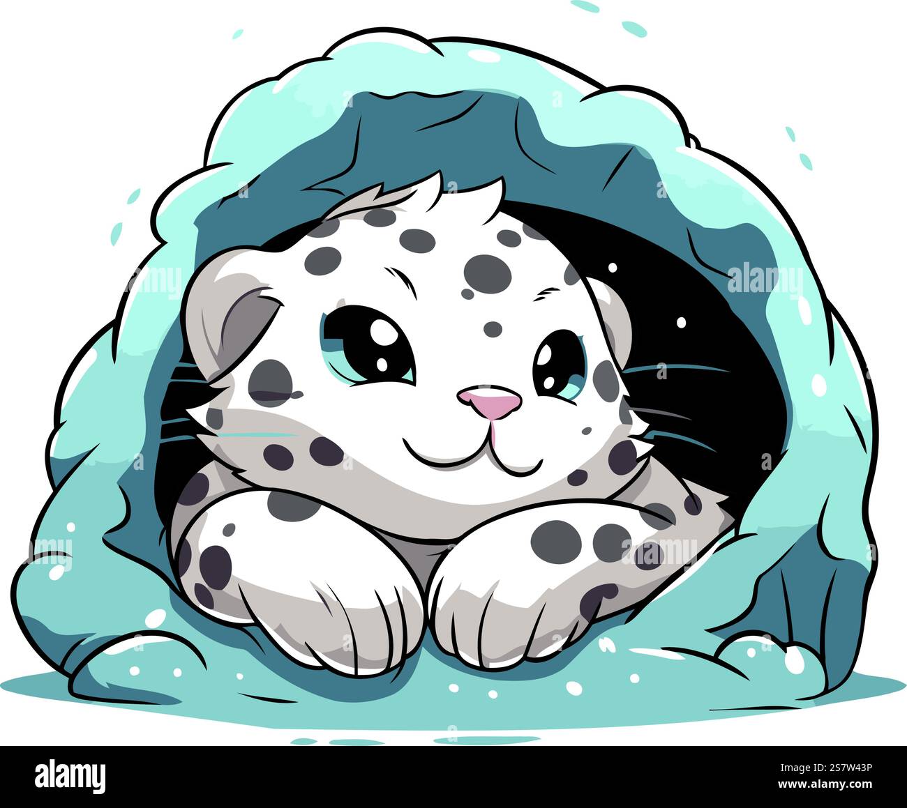 Cute cartoon snow leopard in a blue blanket. Vector illustration Stock ...