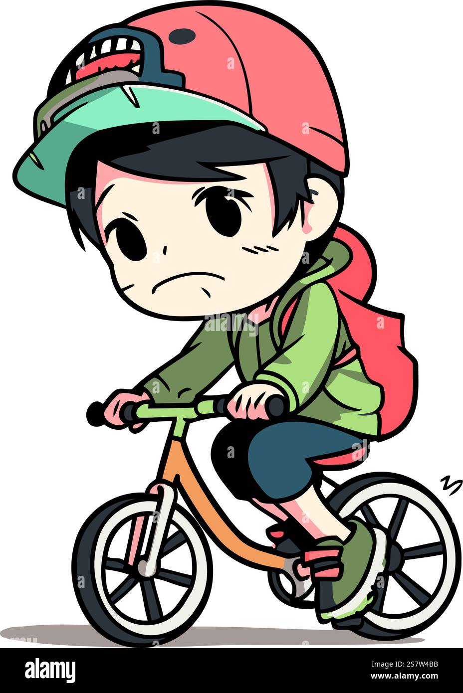 Boy riding a bike with sad expression. Vector illustration in cartoon ...