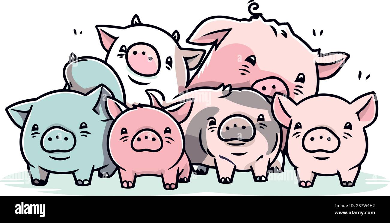 Cartoon pig family. Vector illustration of a pig family with piglets ...
