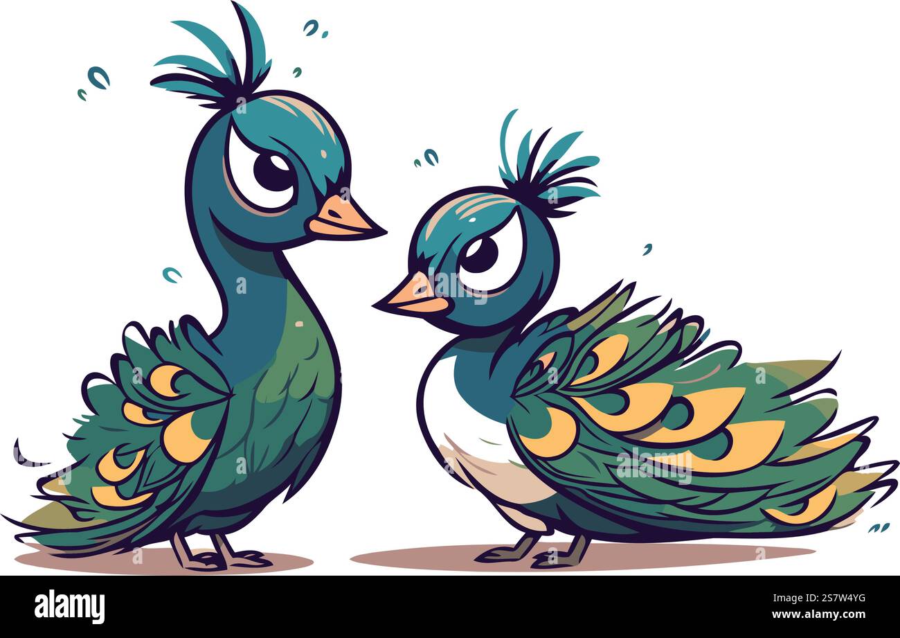 Vector illustration of two cute cartoon peacocks isolated on white ...