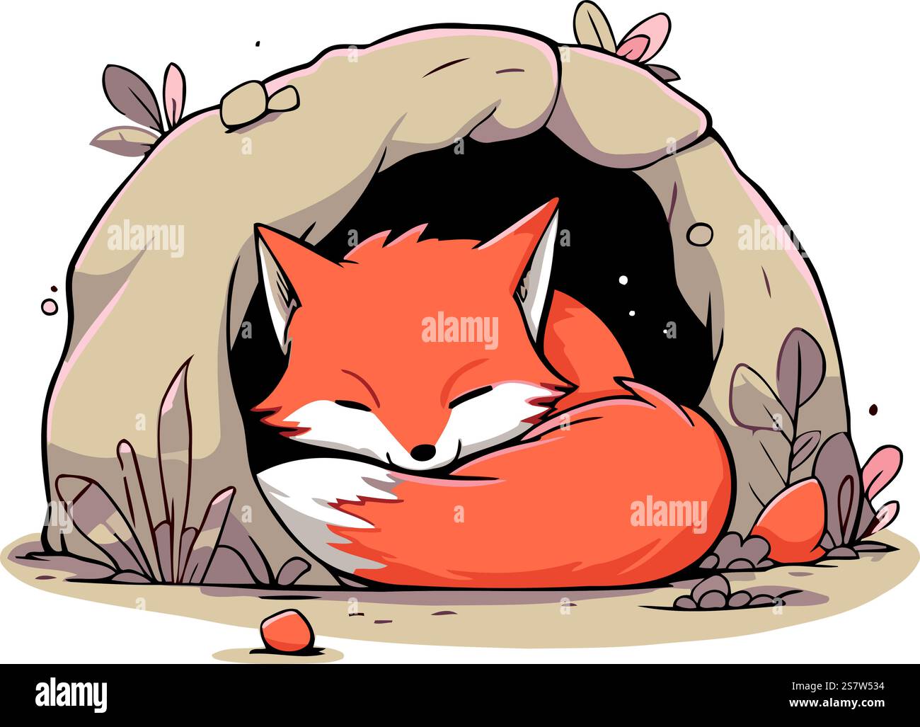 Cute fox in a cave. Vector illustration in cartoon style Stock Vector ...