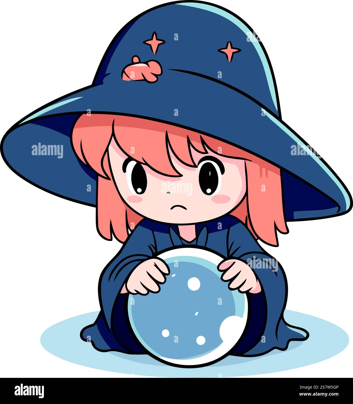 Cute little witch with magic ball. Vector illustration in cartoon style ...