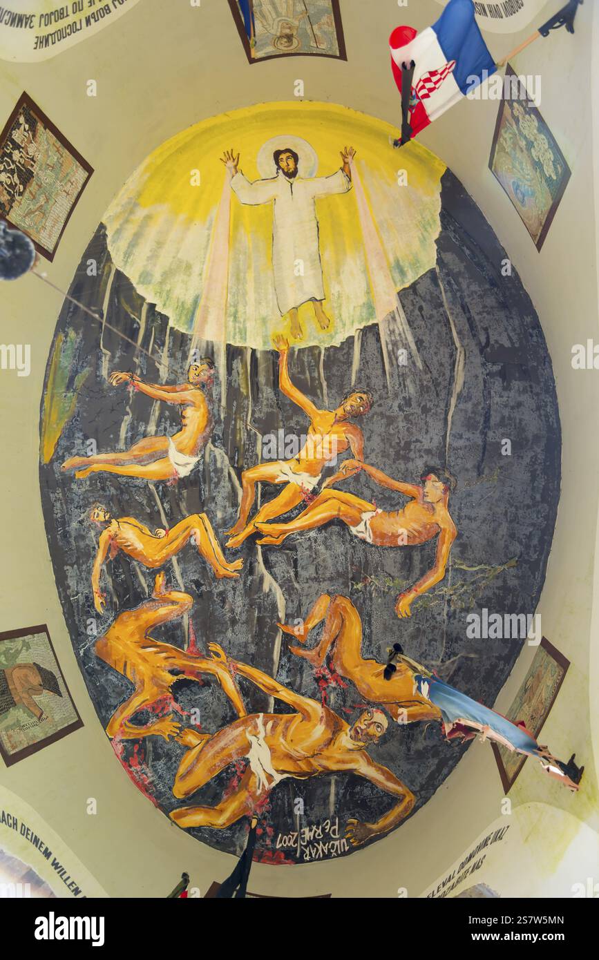 Dramatic fresco ceiling painting with Jesus in a ray of light and ...