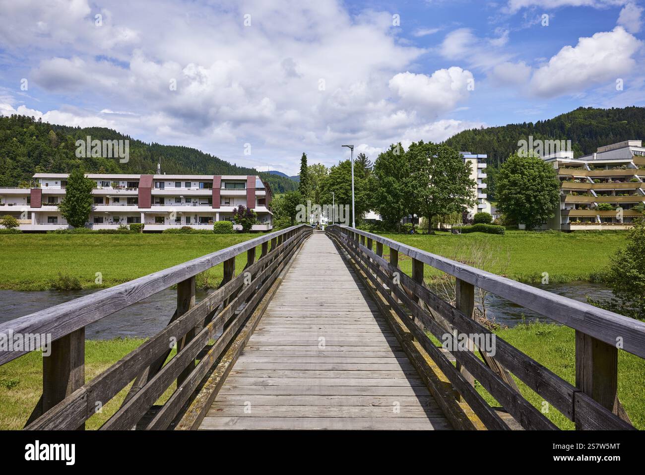 River Kinzig, pedestrian bridge, wooden bridge, hilly landscape with ...