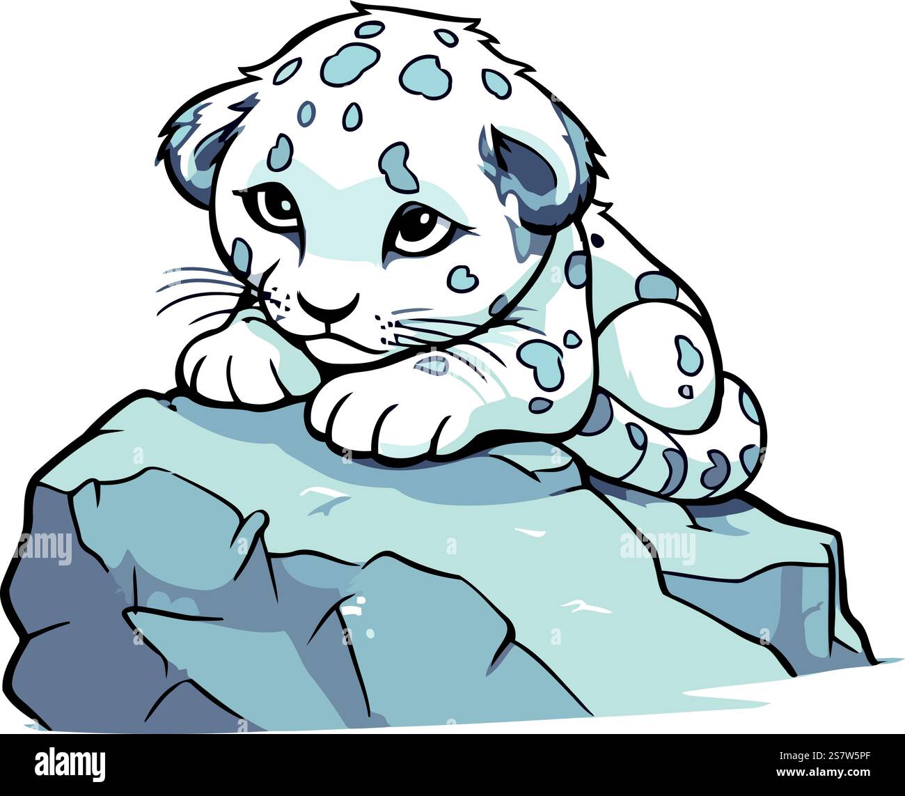 Snow leopard sitting on the rock. Cute cartoon vector illustration ...
