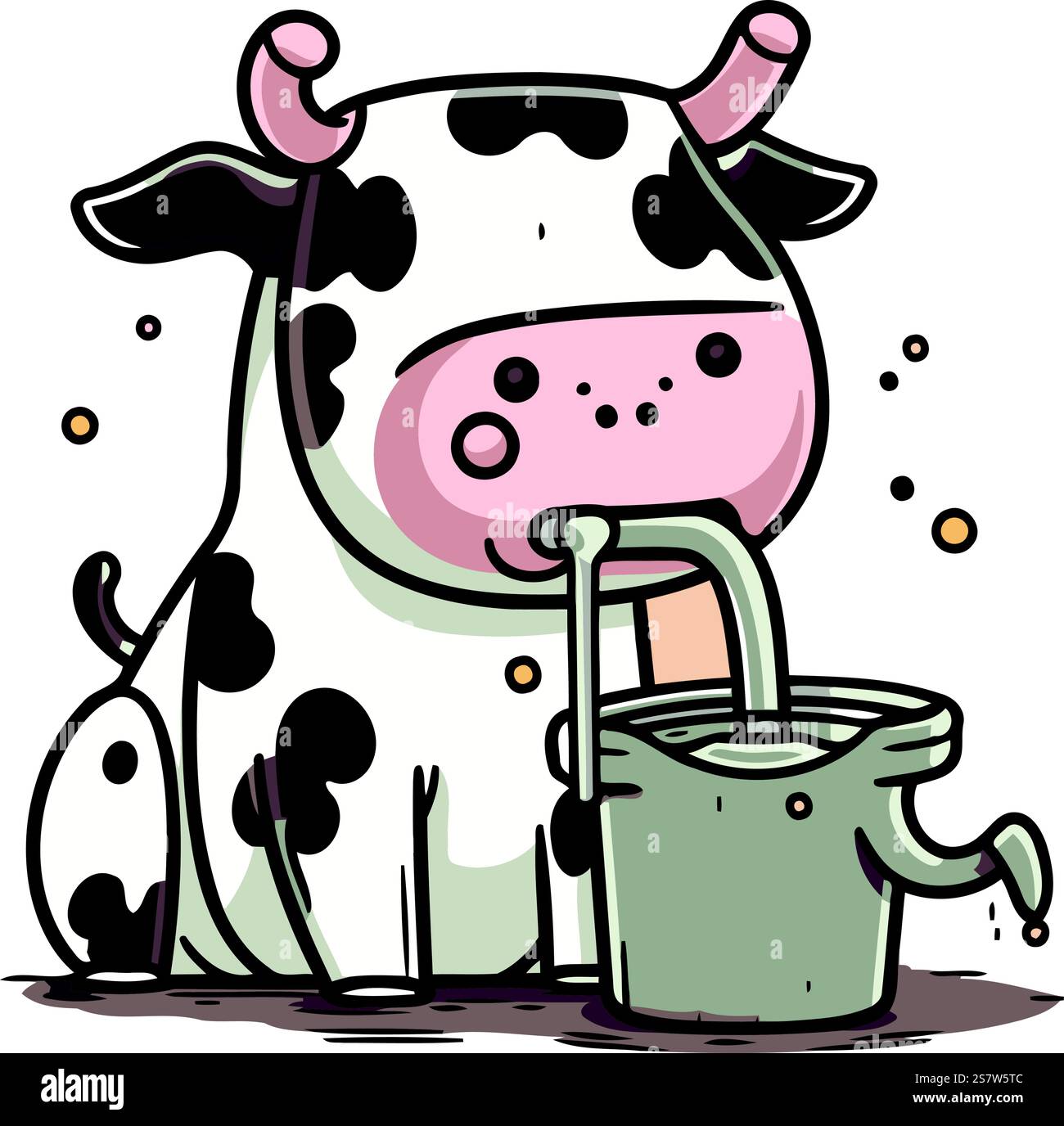 Cute cartoon cow drinking milk from a bucket. Vector illustration Stock ...