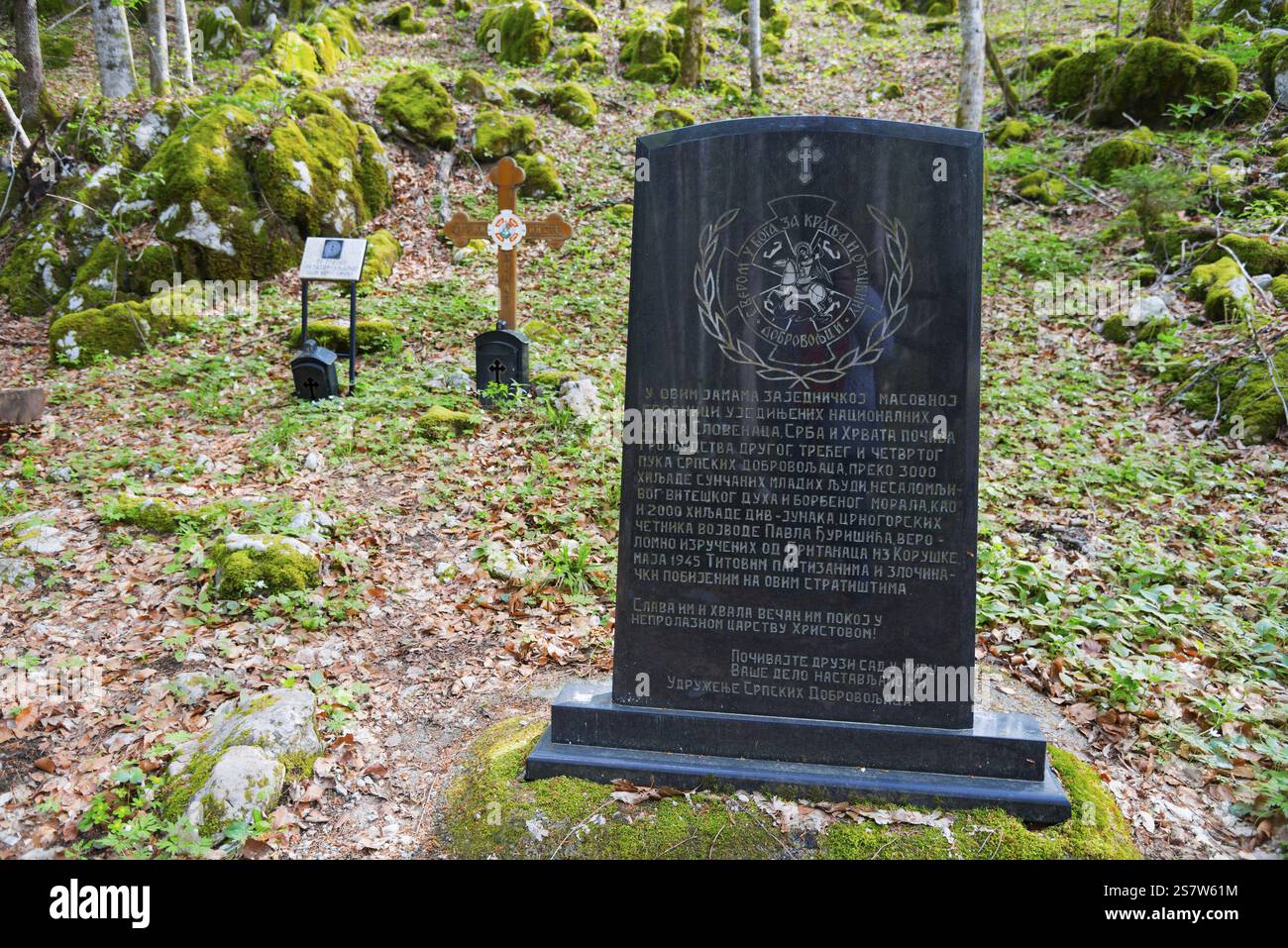 Gravestone with text in a forest clearing, next to an Orthodox cross ...