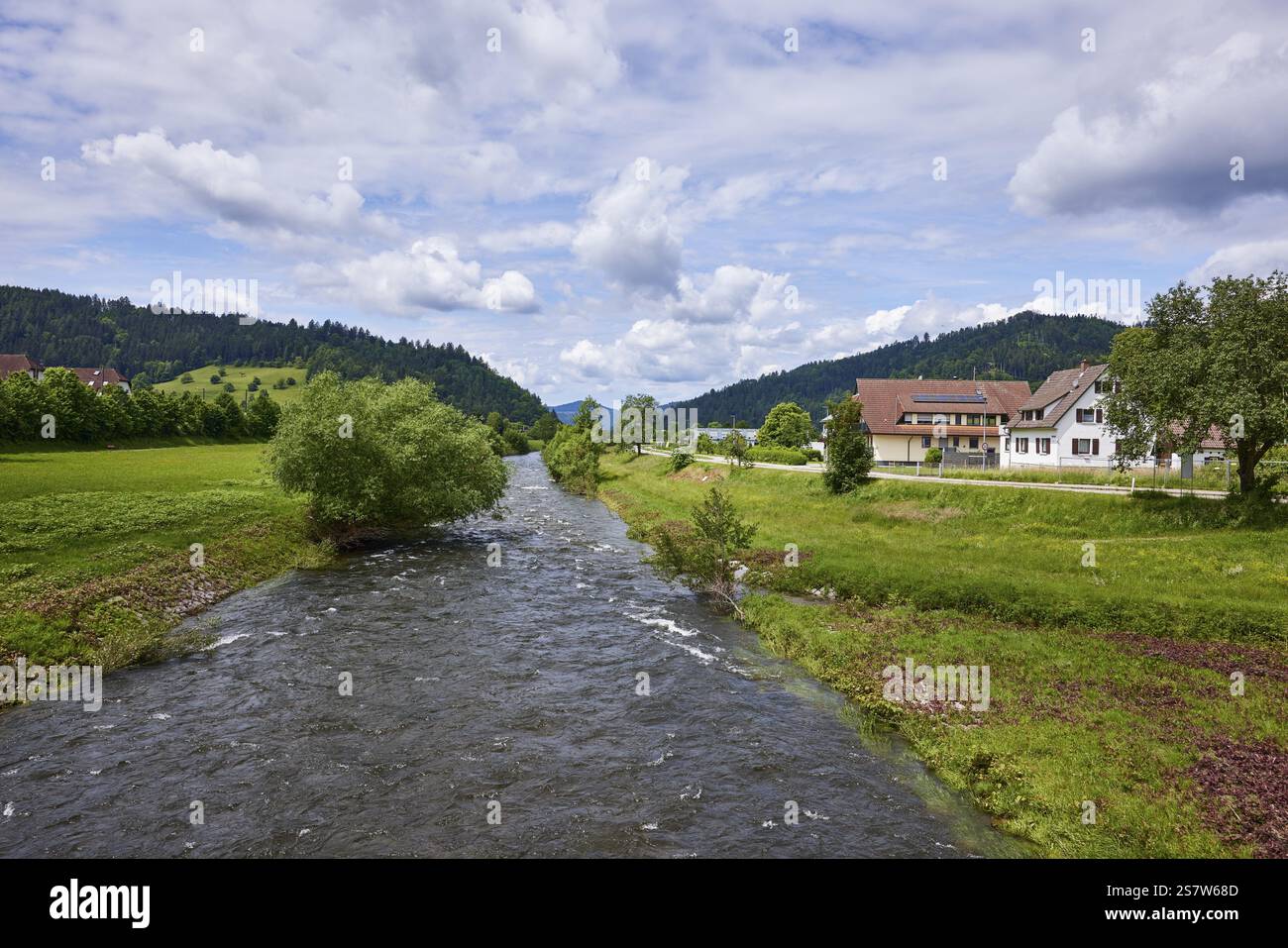 River Kinzig, hilly landscape with forest, meadow and trees, blue sky ...