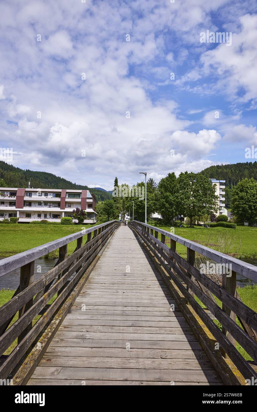 River Kinzig, pedestrian bridge, wooden bridge, hilly landscape with ...