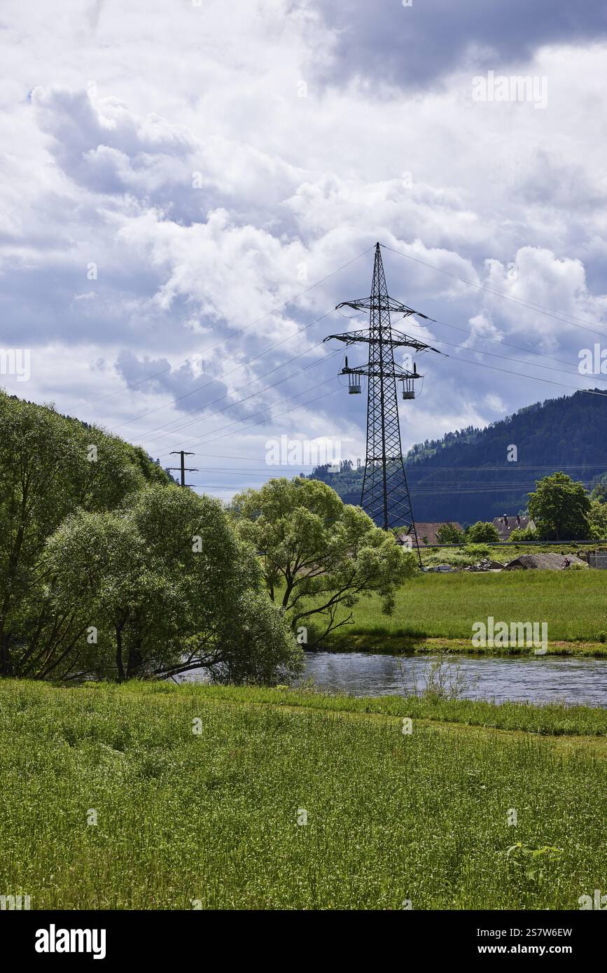 River Kinzig, bank with meadow and trees, electricity pylon, hilly ...