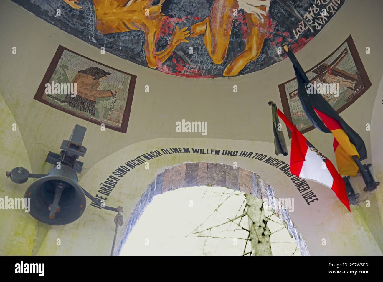 Artistic ceiling painting with flags and bell, accompanied by text ...