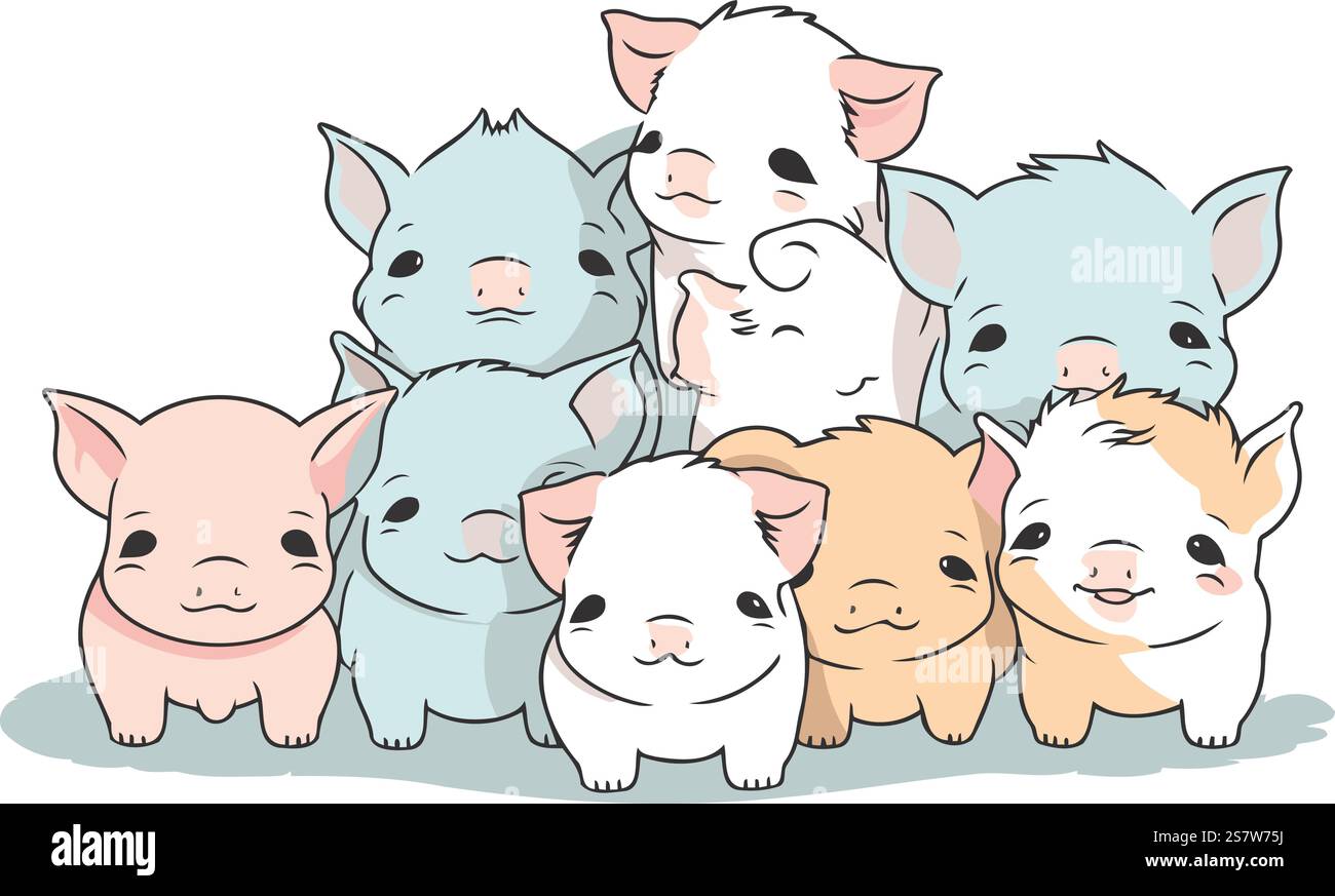Group of cute cartoon pigs. Vector illustration. Isolated on white ...