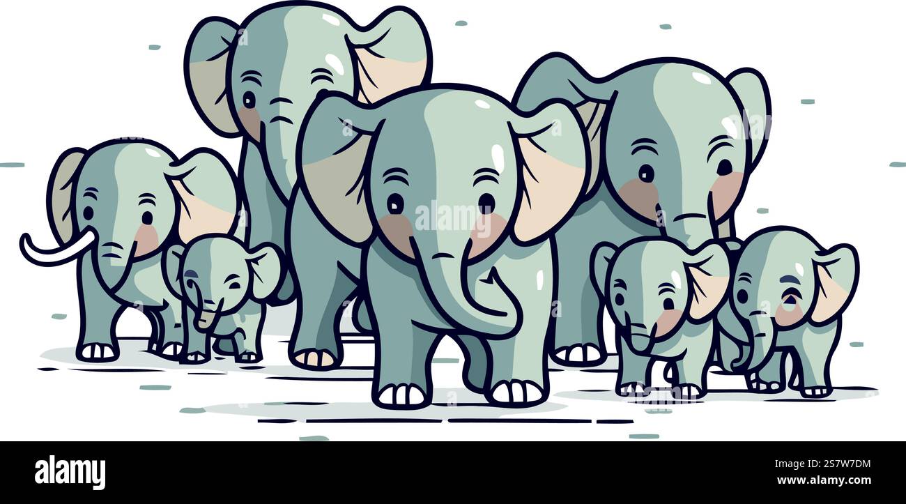 Group of elephants with their children. Vector illustration in cartoon ...