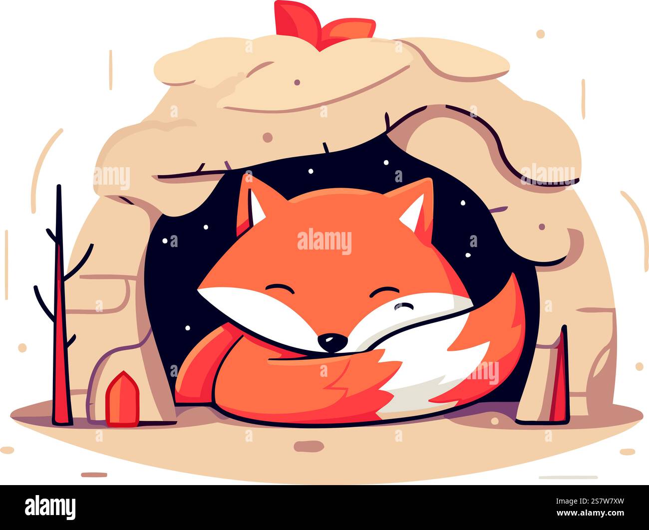 Cute fox sleeping in a cave. Vector illustration in cartoon style Stock ...
