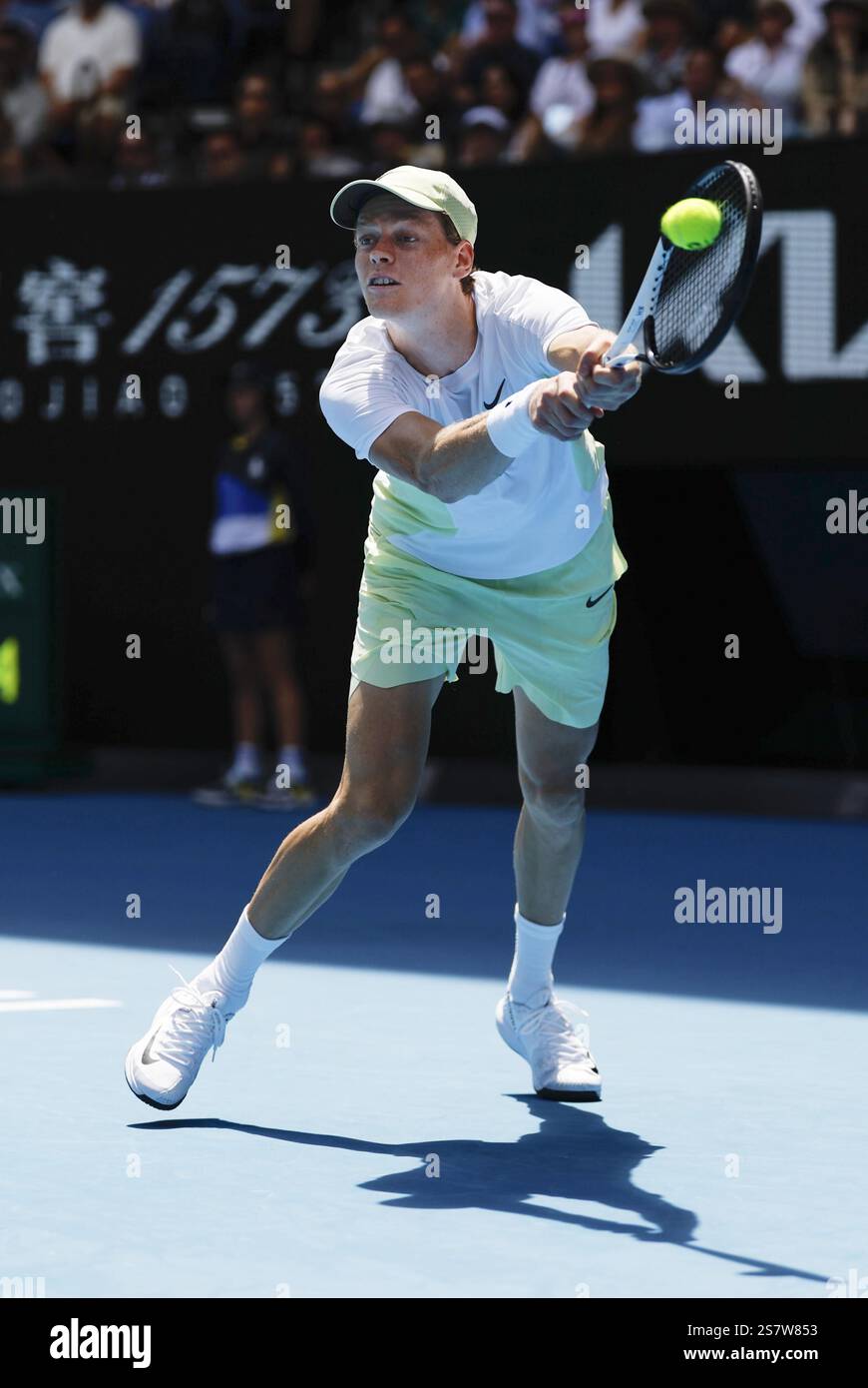Jannik Sinner of Italy plays against Holger Rune of Denmark during the fourth round of men's ...