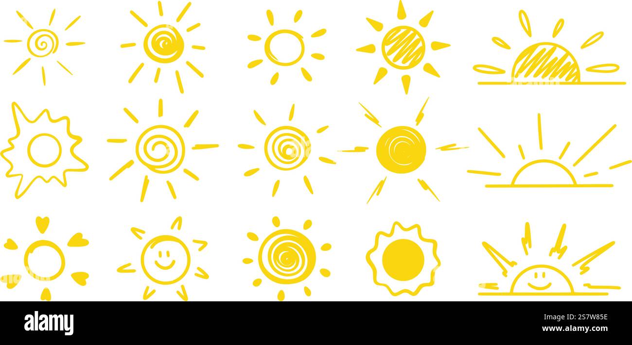 Sun doodle style set for summer design. Sun sunrise, sunset, sun rays ...