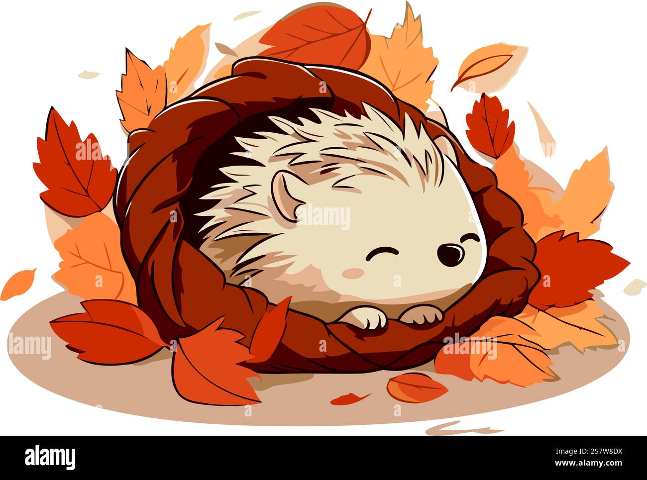 Cute hedgehog sleeping in the autumn leaves. Vector illustration Stock ...