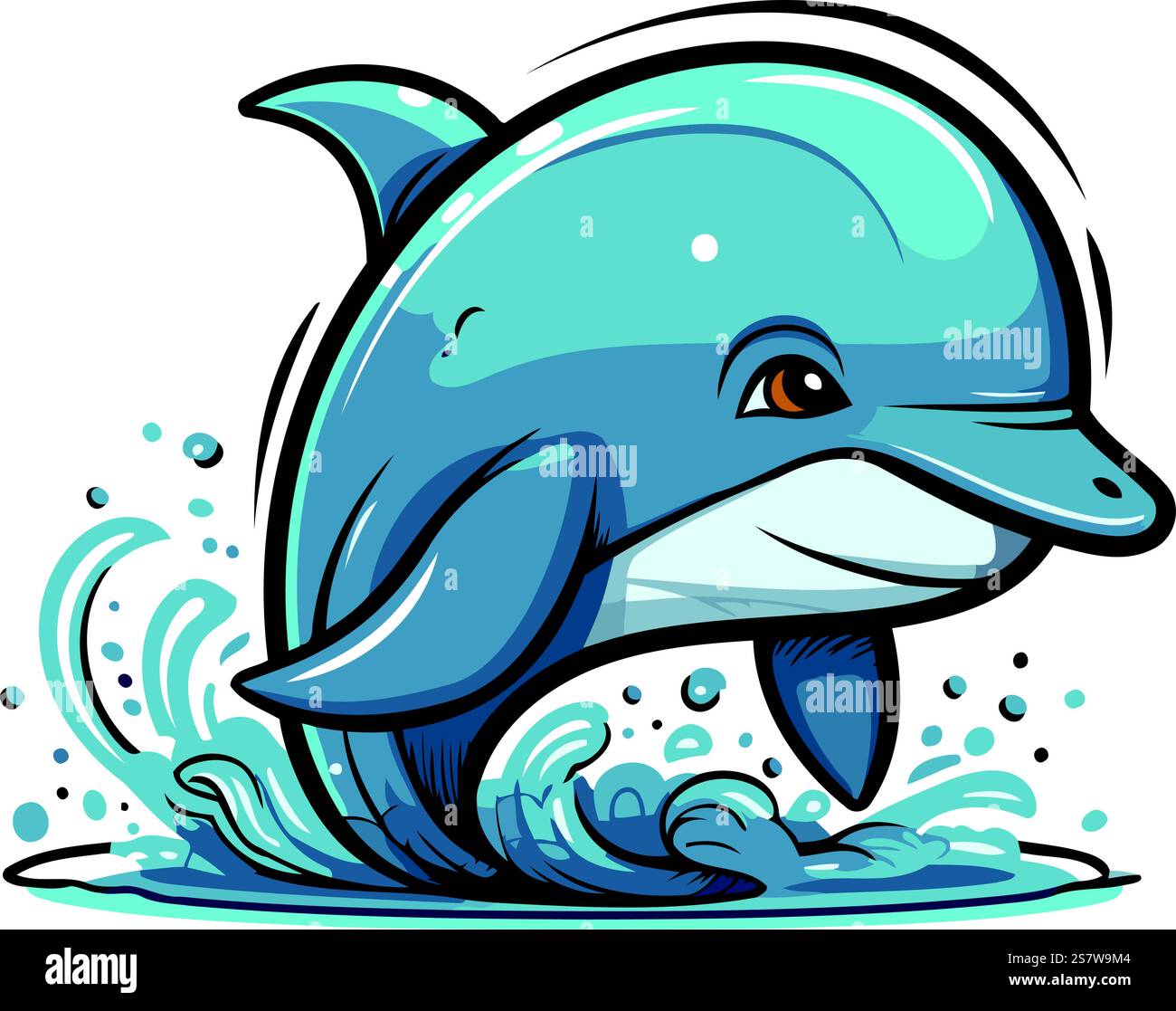 Cute cartoon dolphin swimming in the sea. Vector illustration isolated ...