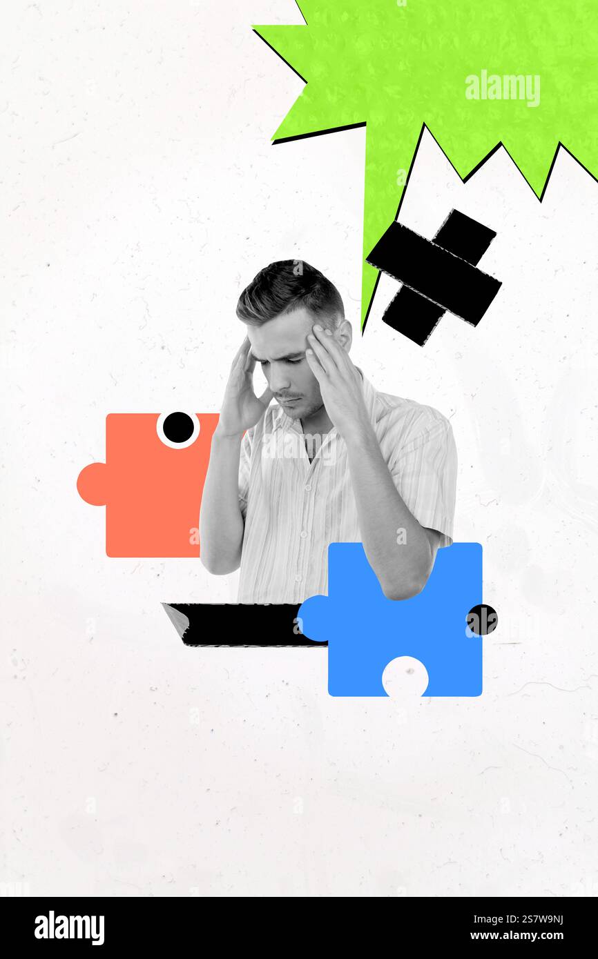Poster image vertical photo collage of serious man think dilemma puzzle ...
