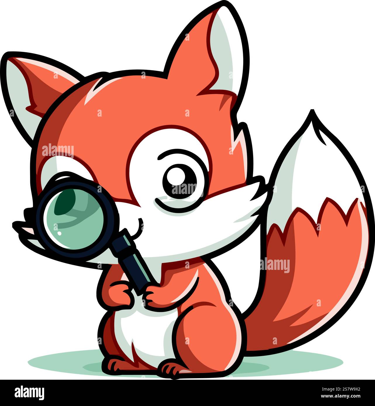 Cute fox with magnifying glass on a white background vector ...