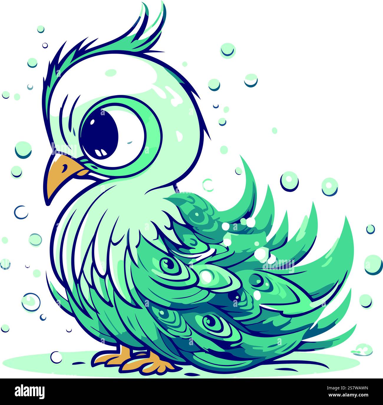 Cute blue bird with water drops isolated on white background. Vector ...