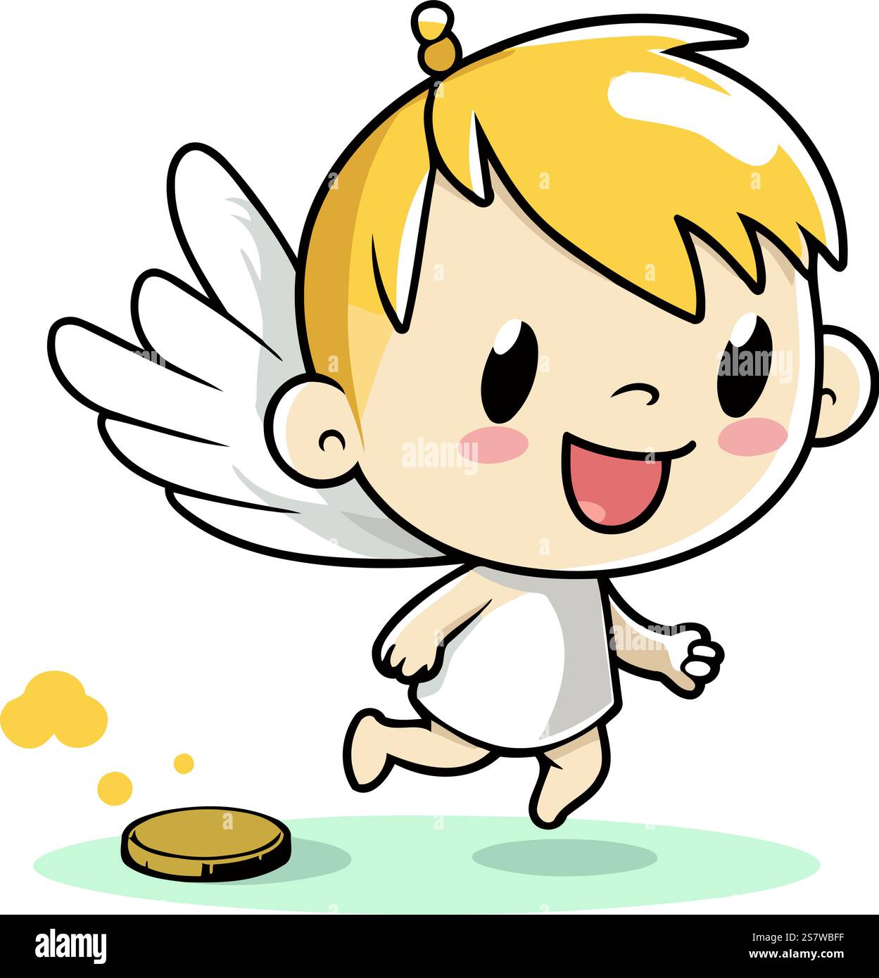 Cute little angel running with coin. Vector cartoon character ...