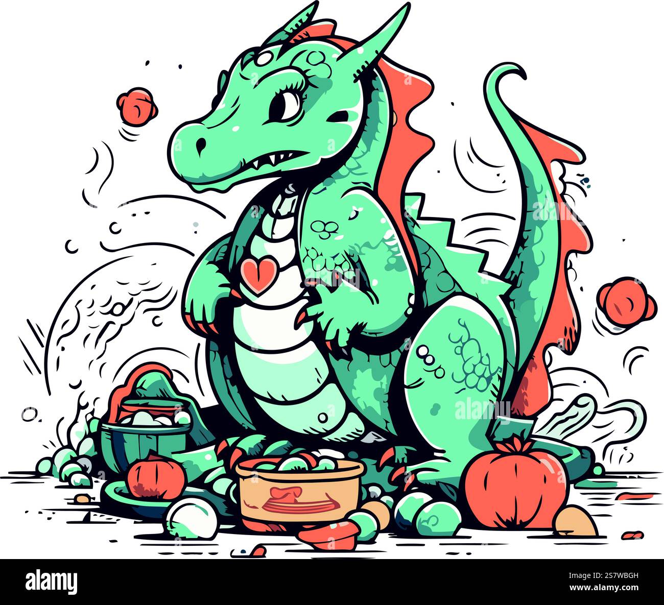 Vector illustration of a cute cartoon dragon with a bucket full of food ...