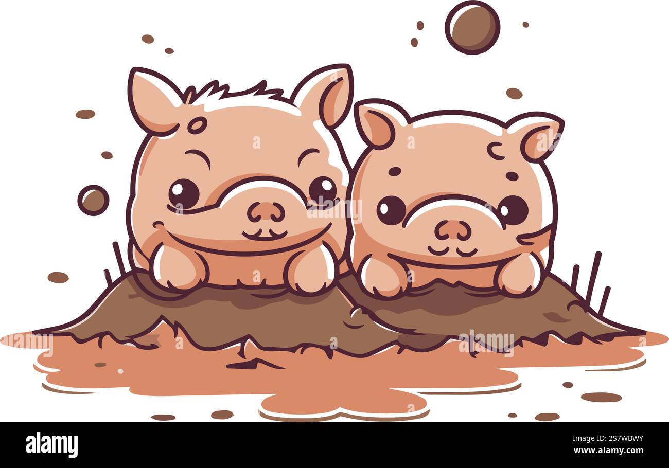 Cute little hippo and pig sitting in the mud. Vector illustration Stock ...
