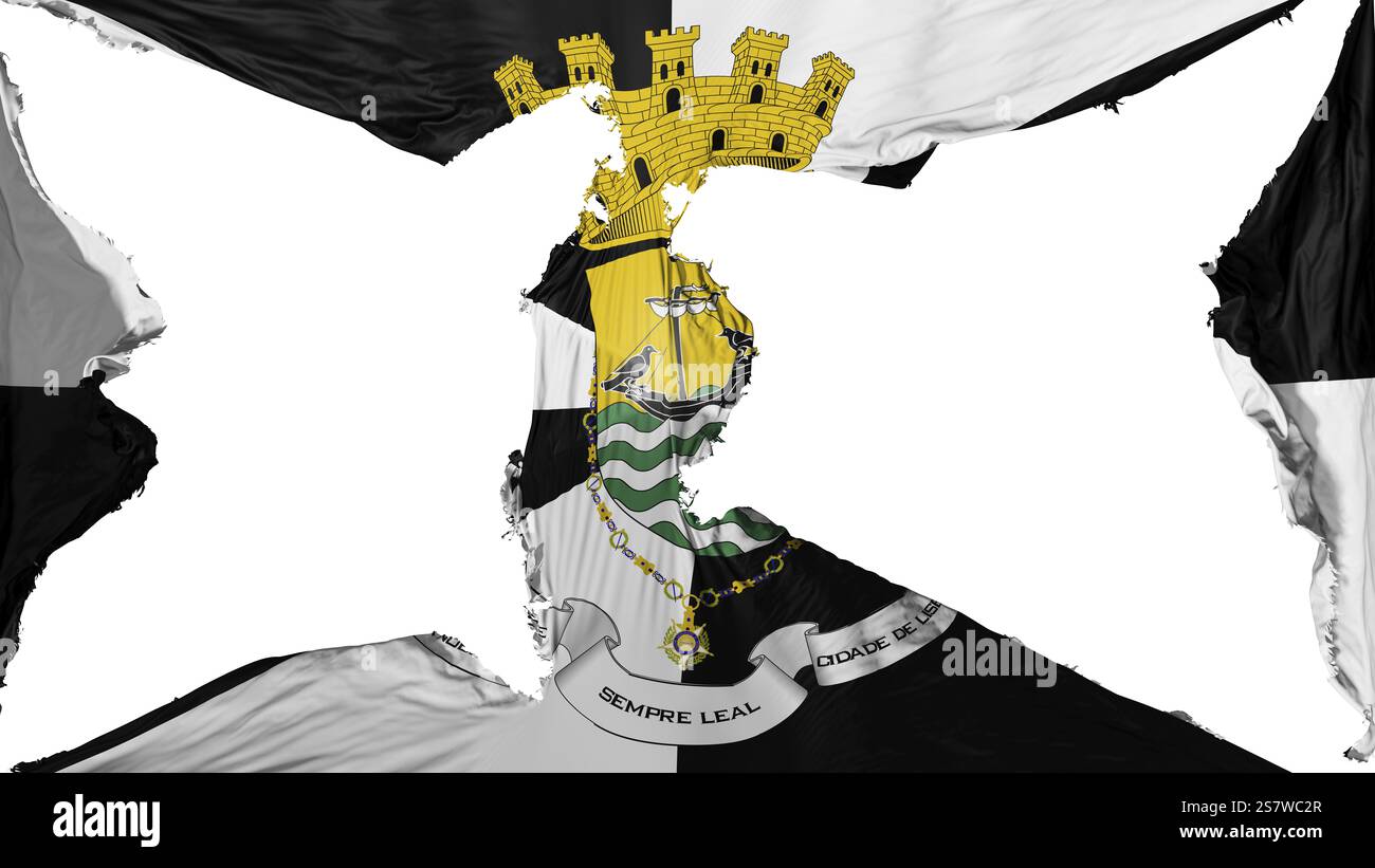 Destroyed Lisboa, capital of Portugal flag, white background, 3d ...