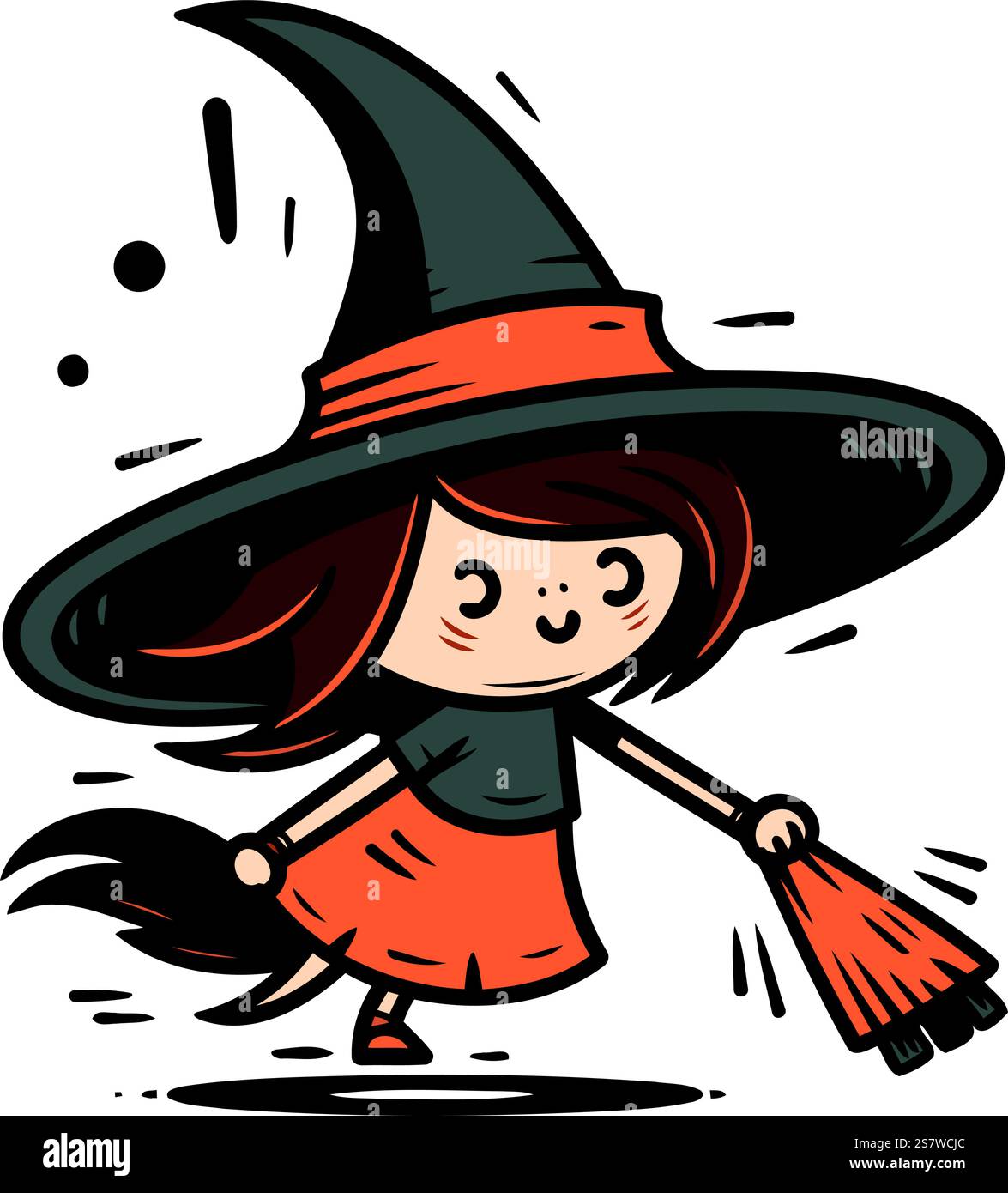Cute little girl in witch costume with broom. Vector illustration Stock ...