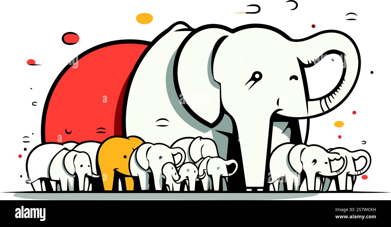 Vector illustration of cute elephant with herd of sheep on white ...