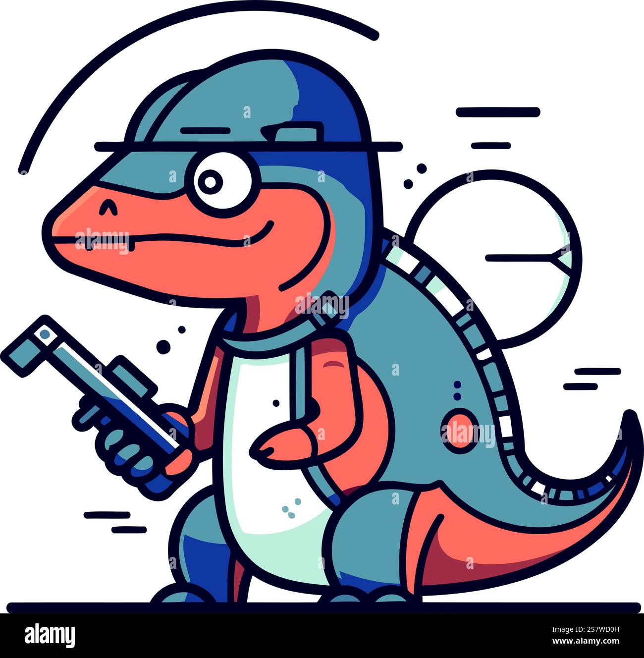 Cute cartoon dinosaur with a gun. Vector illustration in linear style ...
