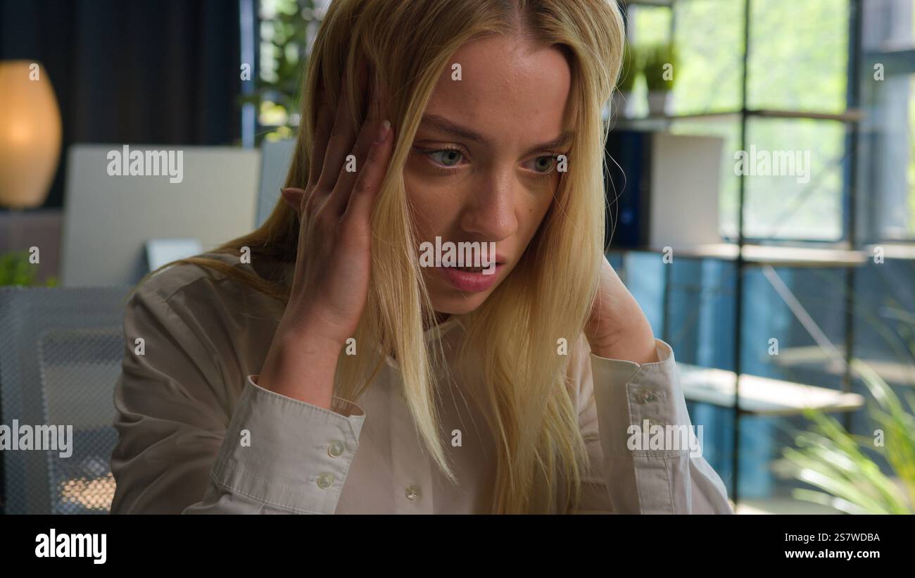 Sick ill Caucasian girl woman unwell female worker overworked business ...