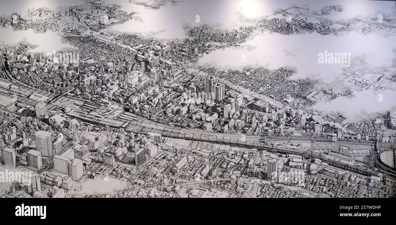 An Illustrated map of Omiya and Urawa decorating a wall in a building ...