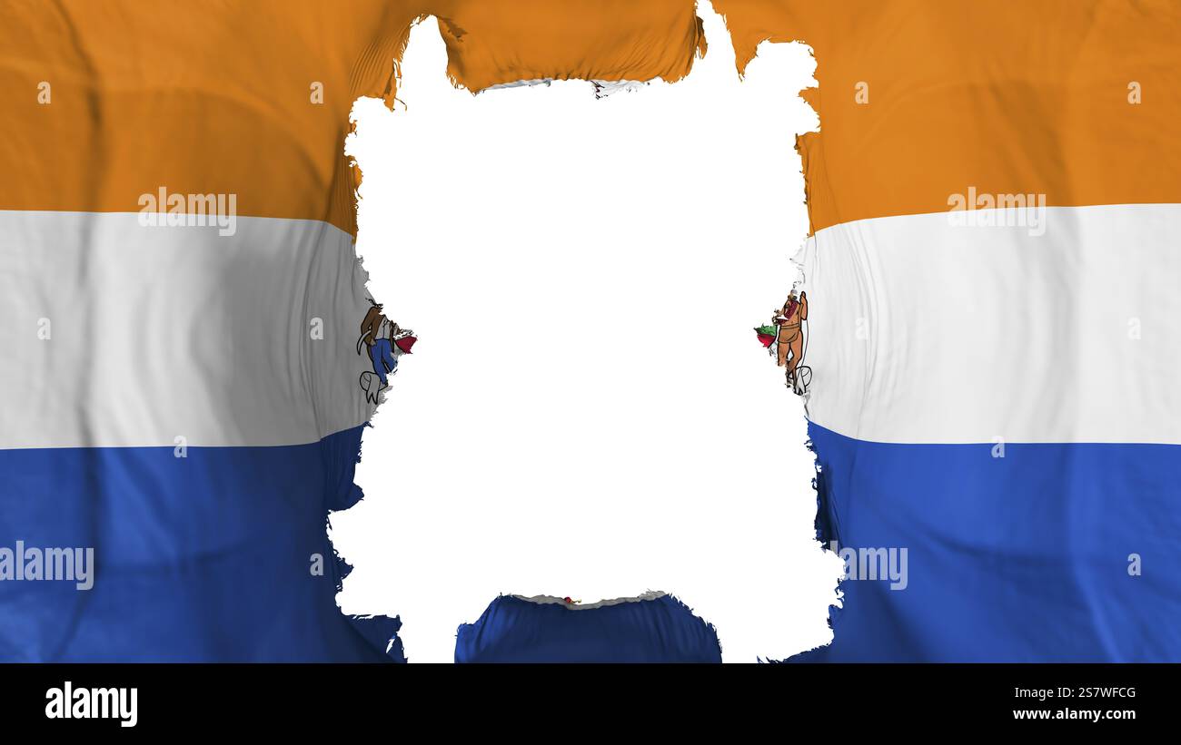 Ripped Albany city, capital of New York state flying flag, over white ...