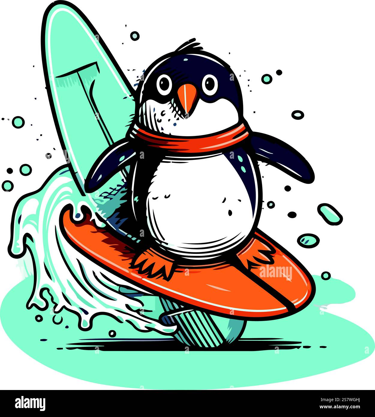 Cute penguin with surfboard on the wave. Vector illustration Stock ...