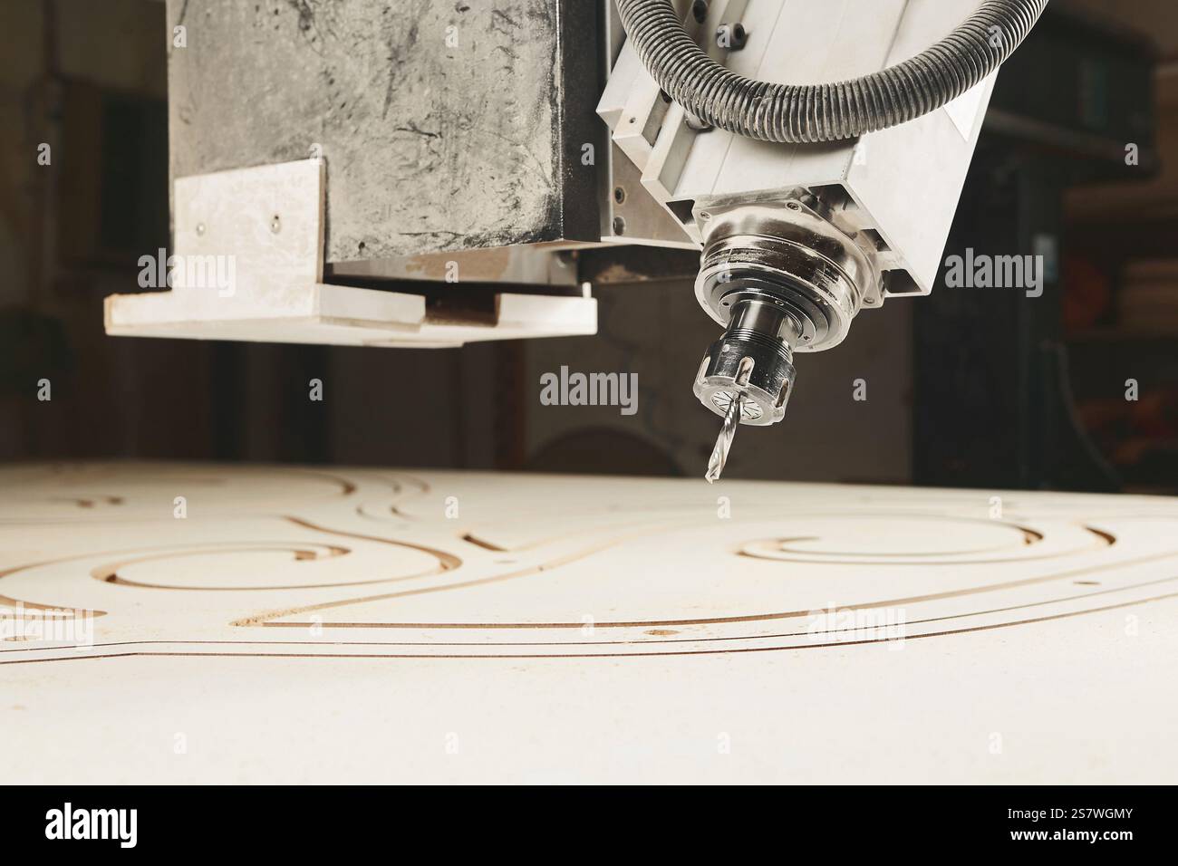 CNC router machine creates a layout of the shelf complex Stock Photo ...